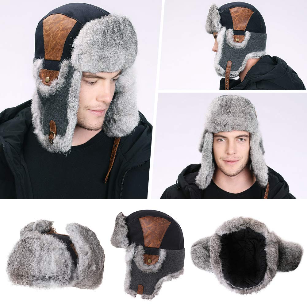 Comhats Winter Hats for Men Hunting Ushanka Russian Warm Trapper Hunting Hiking Skiing Cap Black Real Fur Large L