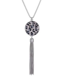 long tassel pendant necklaces for women - faux pearl necklace with silver chain, fashion jewelry for lady(leopard gray)