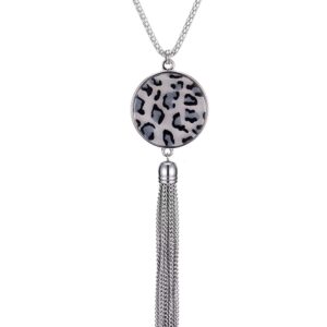 Long Tassel Pendant Necklaces For Women - Faux Pearl Necklace with Silver Chain, Fashion Jewelry For Lady(Leopard gray)