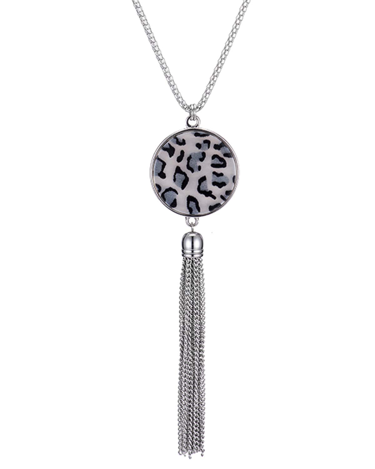 Long Tassel Pendant Necklaces For Women - Faux Pearl Necklace with Silver Chain, Fashion Jewelry For Lady(Leopard gray)