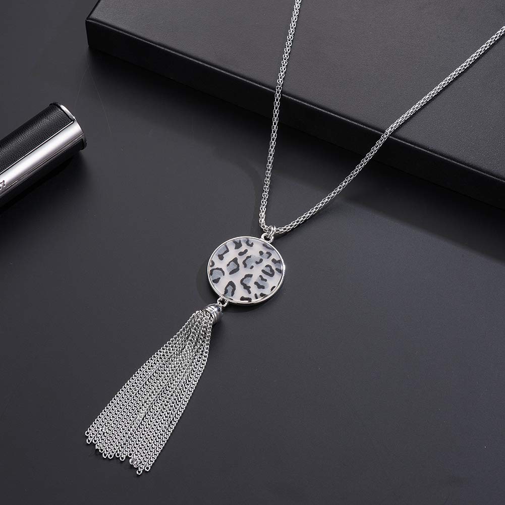 Long Tassel Pendant Necklaces For Women - Faux Pearl Necklace with Silver Chain, Fashion Jewelry For Lady(Leopard gray)