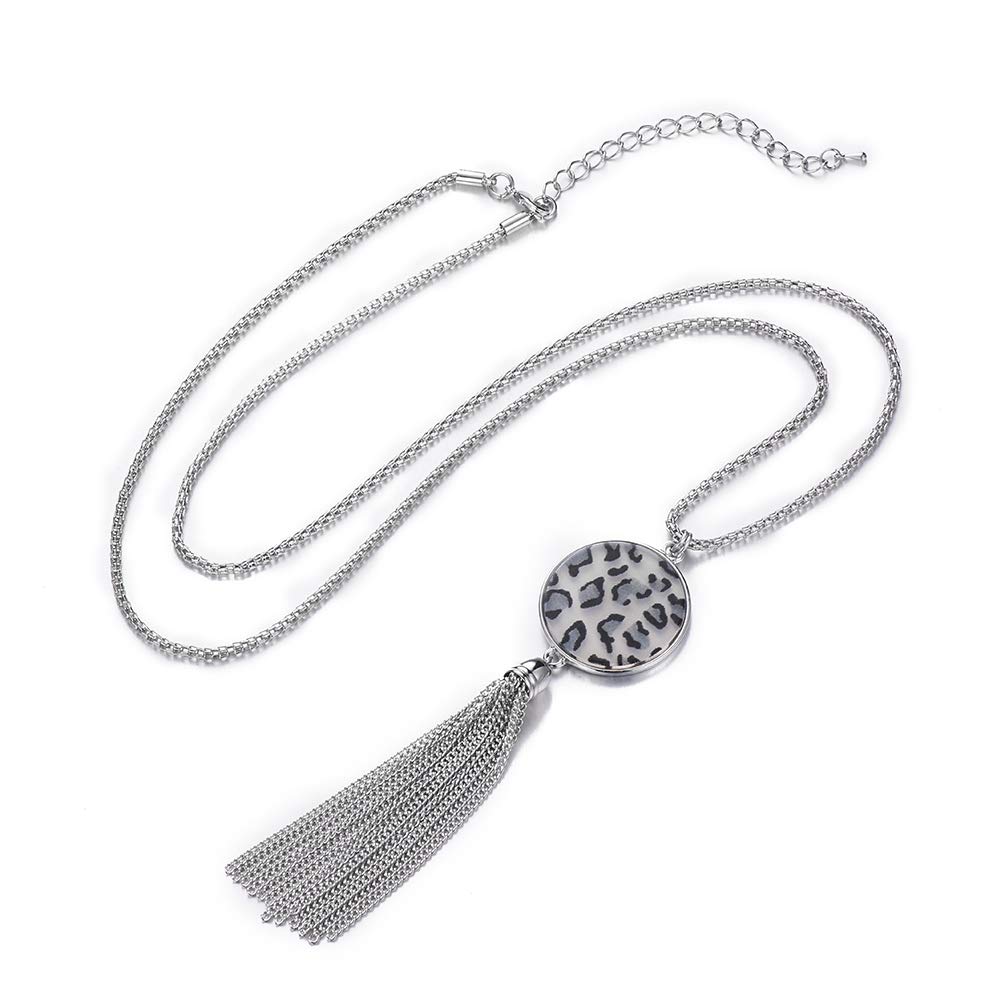 Long Tassel Pendant Necklaces For Women - Faux Pearl Necklace with Silver Chain, Fashion Jewelry For Lady(Leopard gray)