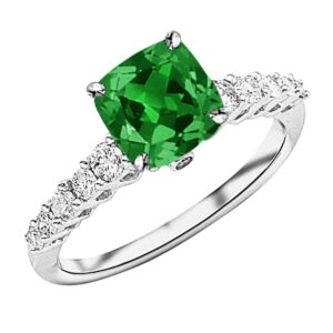 0.95 carat t.w platinum classic prong set side stone diamond engagement ring w/a 0.5 carat cushion cut green emerald heirloom quality