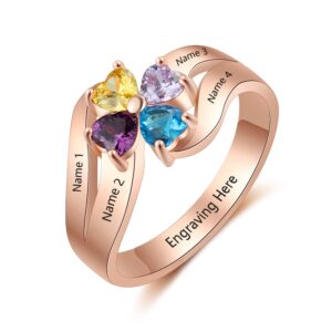 ashleymade engraved mothers rings for mom with 4 simulated birthstone rings for grandmother family name rings persnalized jewelry for women (rose gold, 6)