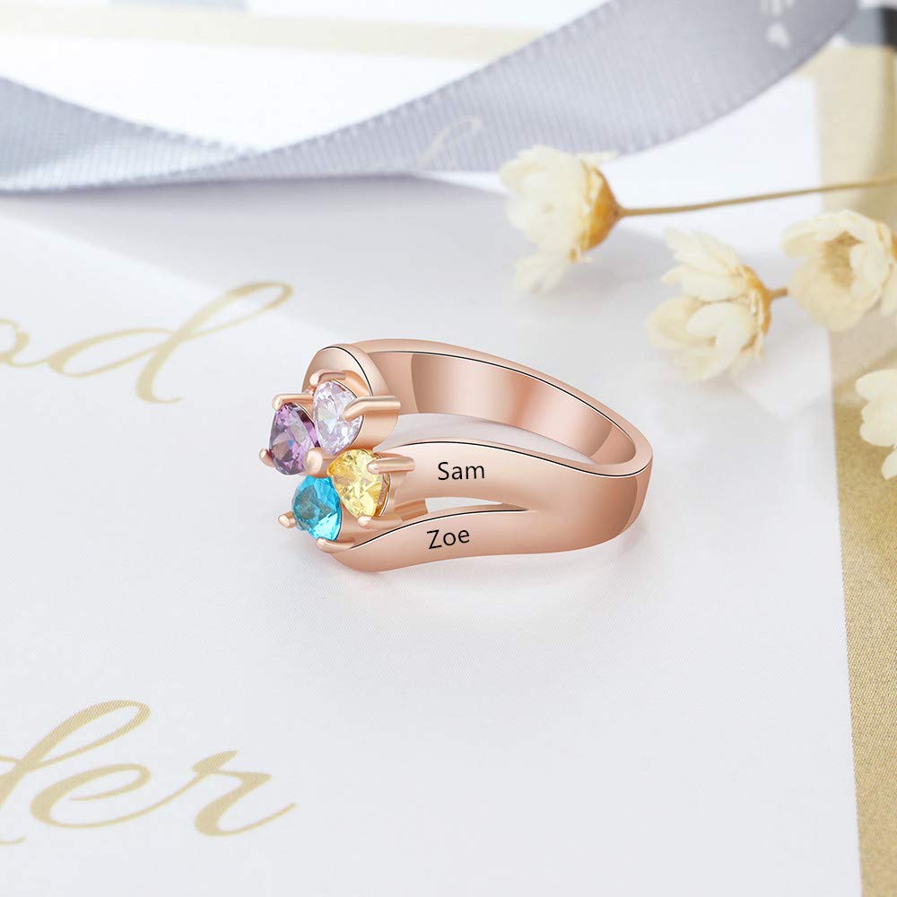 Ashleymade Engraved Mothers Rings for Mom with 4 Simulated Birthstone Rings for Grandmother Family Name Rings Persnalized Jewelry for Women (Rose Gold, 6)