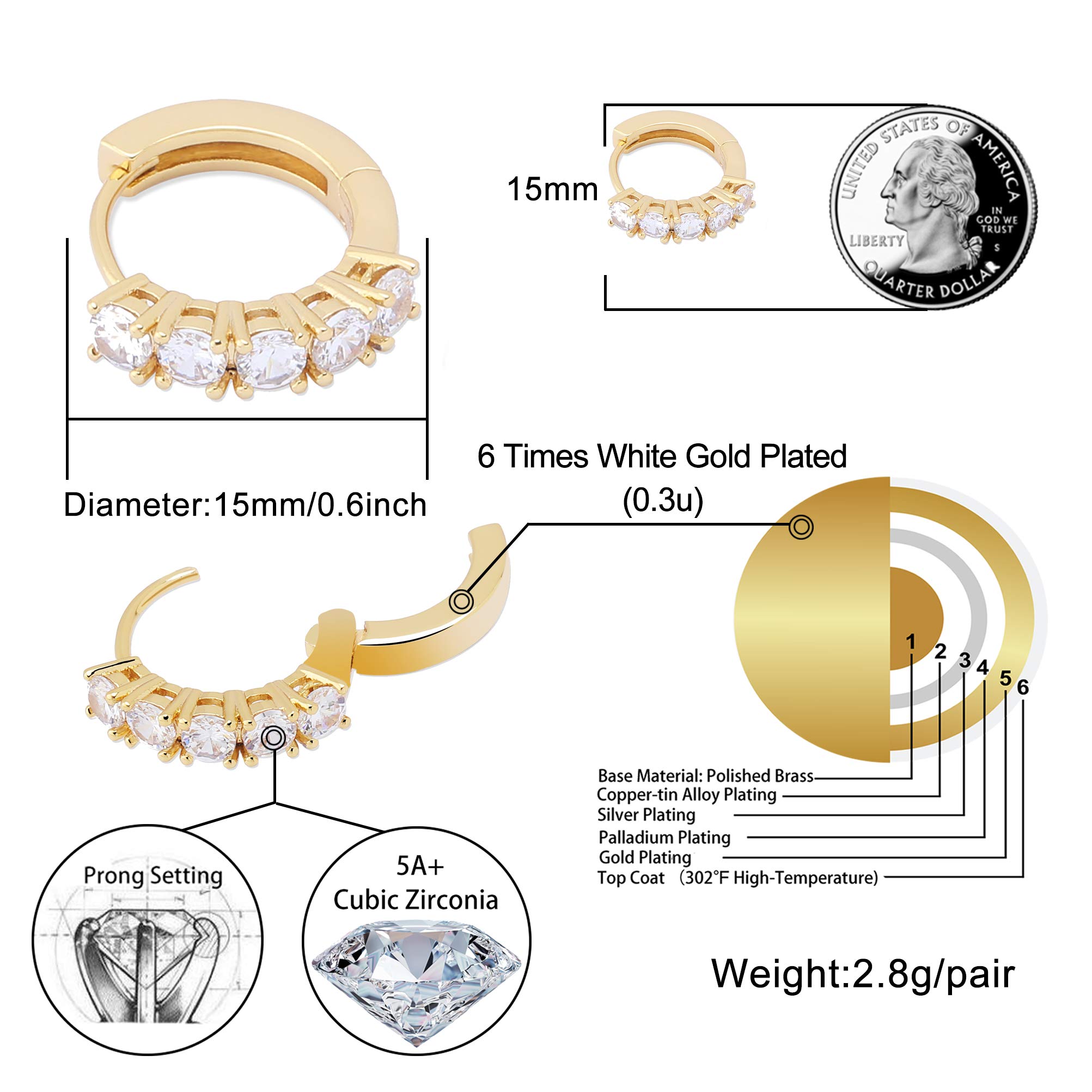 TOPGRILLZ Gold Hoop Earrings 14K Gold Silver 5A+ Diamond Cubic Zirconia Hoop Huggie Earrings Cartilage Hypoallergenic Hoop Cuff Earrings For Men Women(One Side Gold)