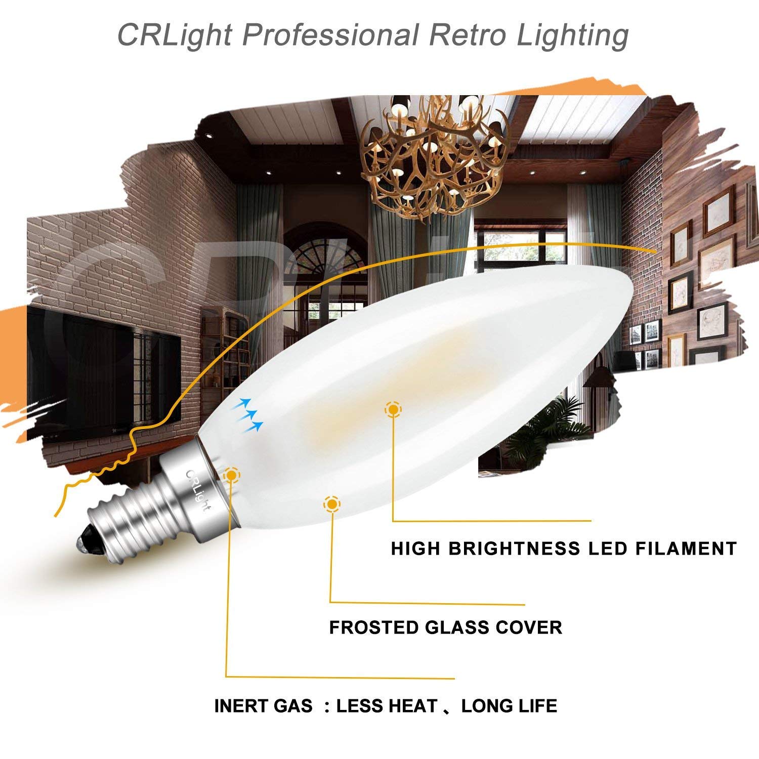 CRLight LED Candelabra Bulb 25W Equivalent 250LM, 3000K Soft White 2W LED Chandelier Light Bulbs, E12 Vintage Edison B10 Frosted Glass Dimmable LED Candle Bulbs, 6 Pack