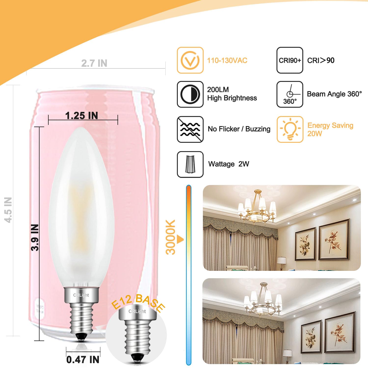 CRLight LED Candelabra Bulb 25W Equivalent 250LM, 3000K Soft White 2W LED Chandelier Light Bulbs, E12 Vintage Edison B10 Frosted Glass Dimmable LED Candle Bulbs, 6 Pack