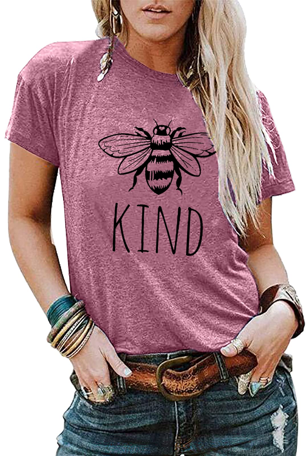 Bee Kind T Shirts Women Funny Inspirational Teacher Fall Tees Tops Cute Graphic Blessed Shirt Blouse (M, Pink)