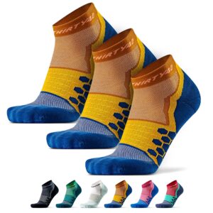 thirty48 performance compression low cut running socks for men and women | more compression where needed ([3 pair] mustard/navy, large - women 9-10.5 // men 10-11.5)