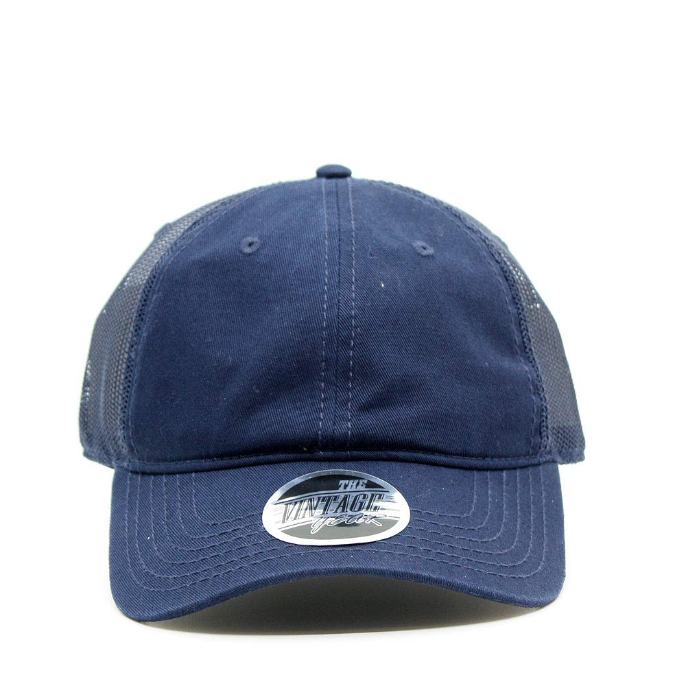 The Vintage Year Washed Cotton Unstructured Soft Mesh Adjustable Trucker Baseball Cap (Navy)