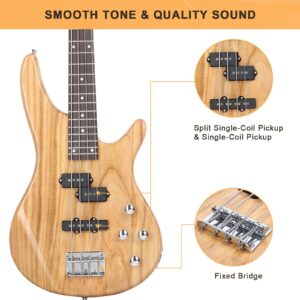 GLARRY Electric Bass Guitar Full Size 4 String Exquisite Stylish Bass with Power Line, Bag and Wrench Tool (Natural Wood)