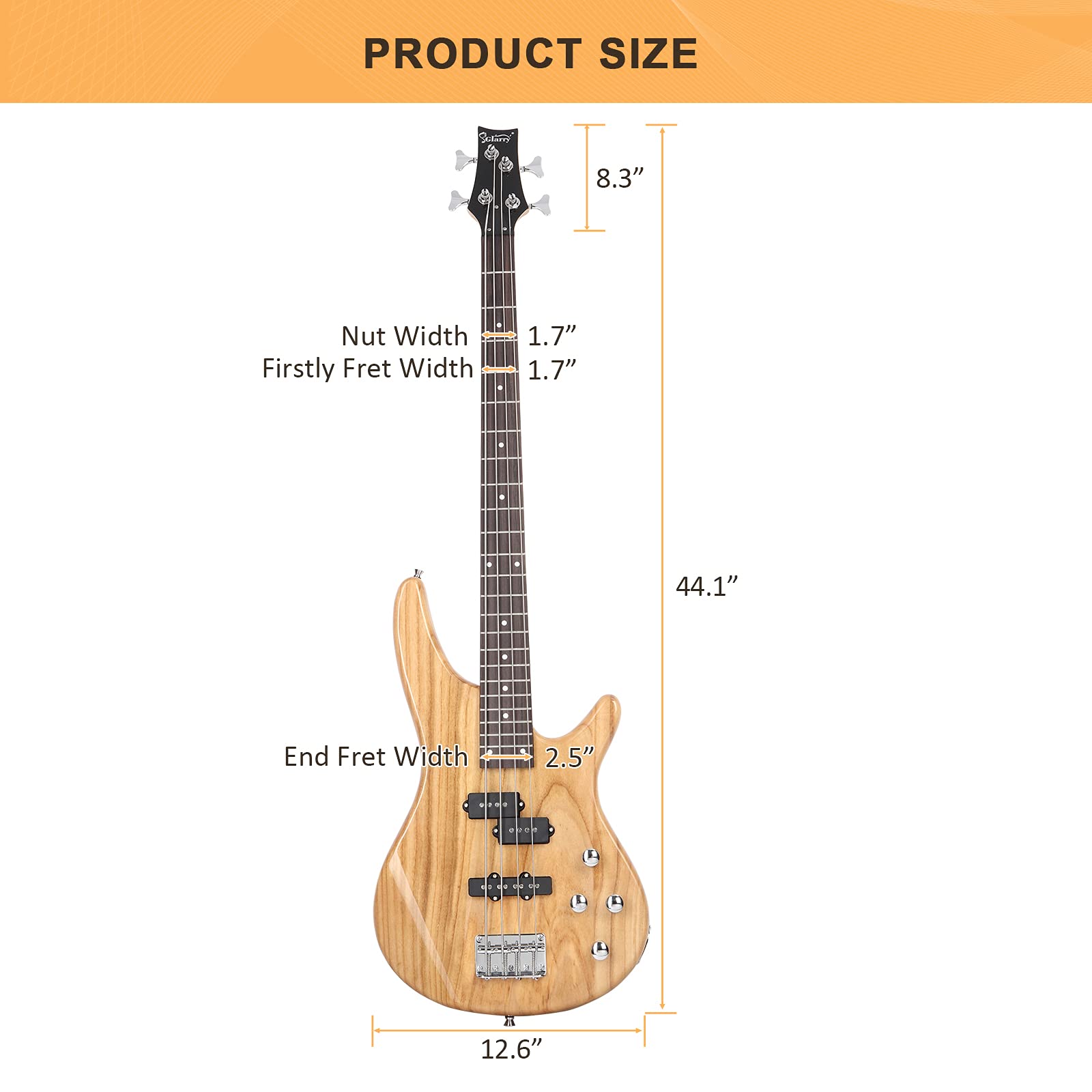 GLARRY Electric Bass Guitar Full Size 4 String Exquisite Stylish Bass with Power Line, Bag and Wrench Tool (Natural Wood)