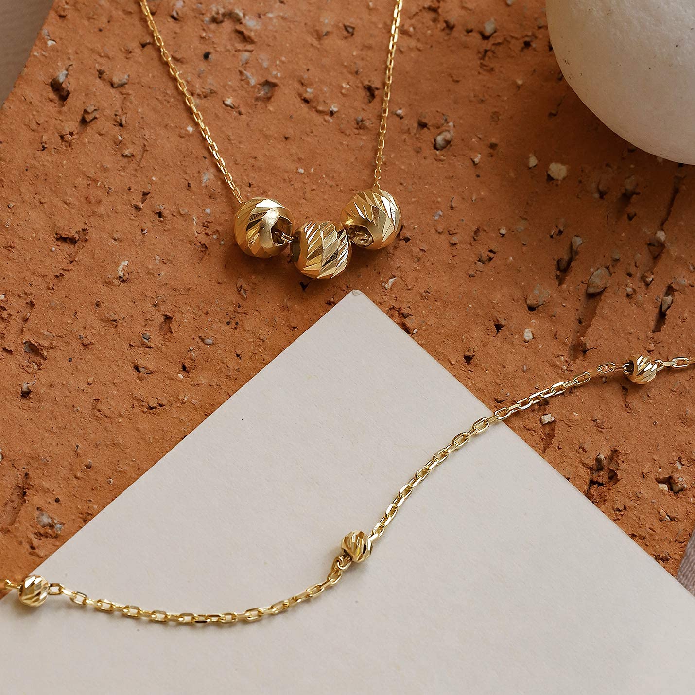 14k Real Gold Beads Station Necklace for Women | 14k Gold Ball Beads Station Necklaces | Beaded Pendant Necklace | Dainty Layering Jewelry | Gifts for Christmas, 18"