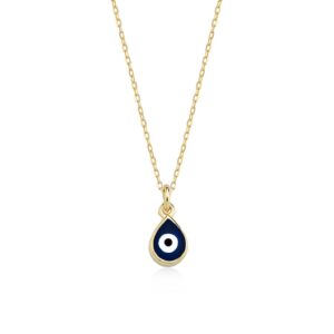 14k solid gold blue evil eye necklace | 14k yellow gold drop necklaces for women | teardrop pendant necklace | delicate protection jewelry | gifts for anniversary, 18"