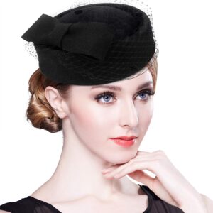 Z&X Winter Wool Fascinator British Pillbox Hat Women Wedding Church Derby Beret Hat Veil Bow Fedoras Black