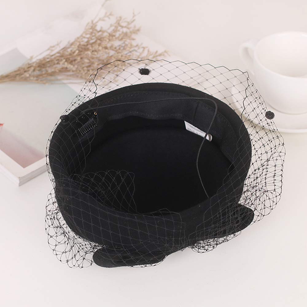 Z&X Winter Wool Fascinator British Pillbox Hat Women Wedding Church Derby Beret Hat Veil Bow Fedoras Black