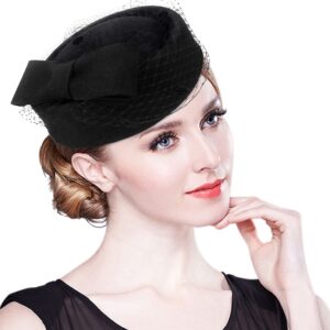 Z&X Winter Wool Fascinator British Pillbox Hat Women Wedding Church Derby Beret Hat Veil Bow Fedoras Black