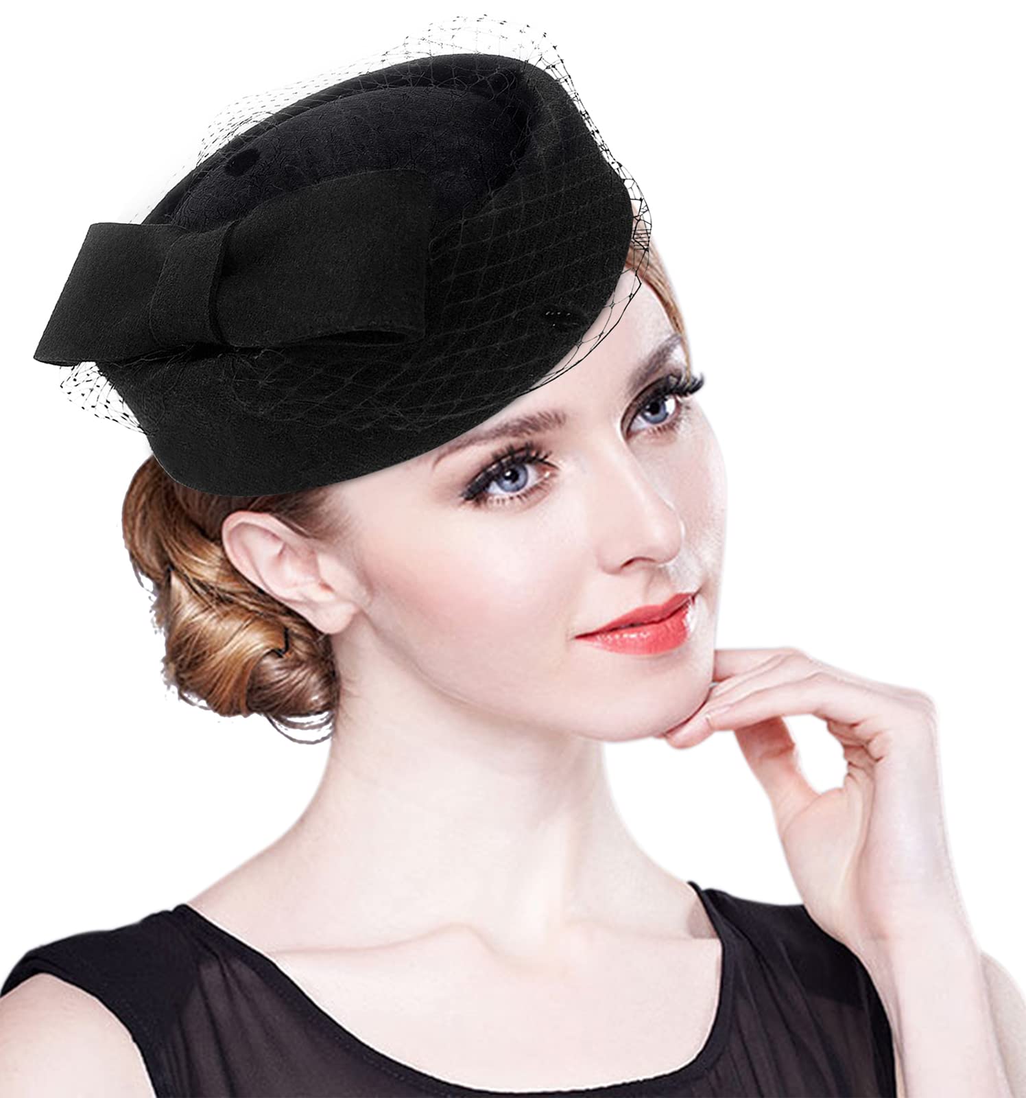 Z&X Winter Wool Fascinator British Pillbox Hat Women Wedding Church Derby Beret Hat Veil Bow Fedoras Black