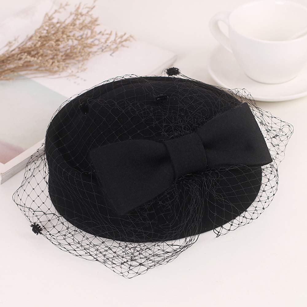 Z&X Winter Wool Fascinator British Pillbox Hat Women Wedding Church Derby Beret Hat Veil Bow Fedoras Black