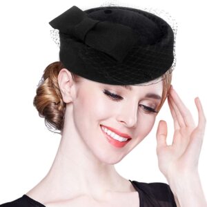 Z&X Winter Wool Fascinator British Pillbox Hat Women Wedding Church Derby Beret Hat Veil Bow Fedoras Black