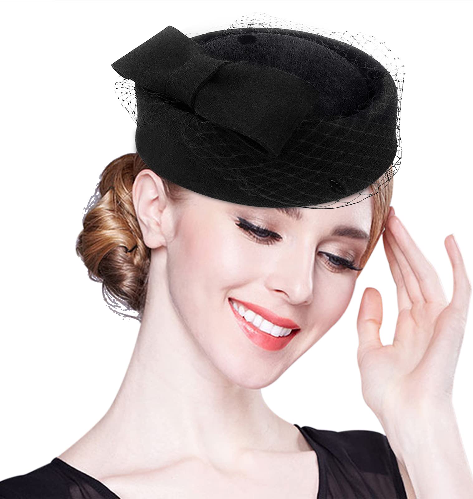 Z&X Winter Wool Fascinator British Pillbox Hat Women Wedding Church Derby Beret Hat Veil Bow Fedoras Black