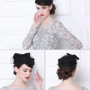 Z&X Winter Wool Fascinator British Pillbox Hat Women Wedding Church Derby Beret Hat Veil Bow Fedoras Black