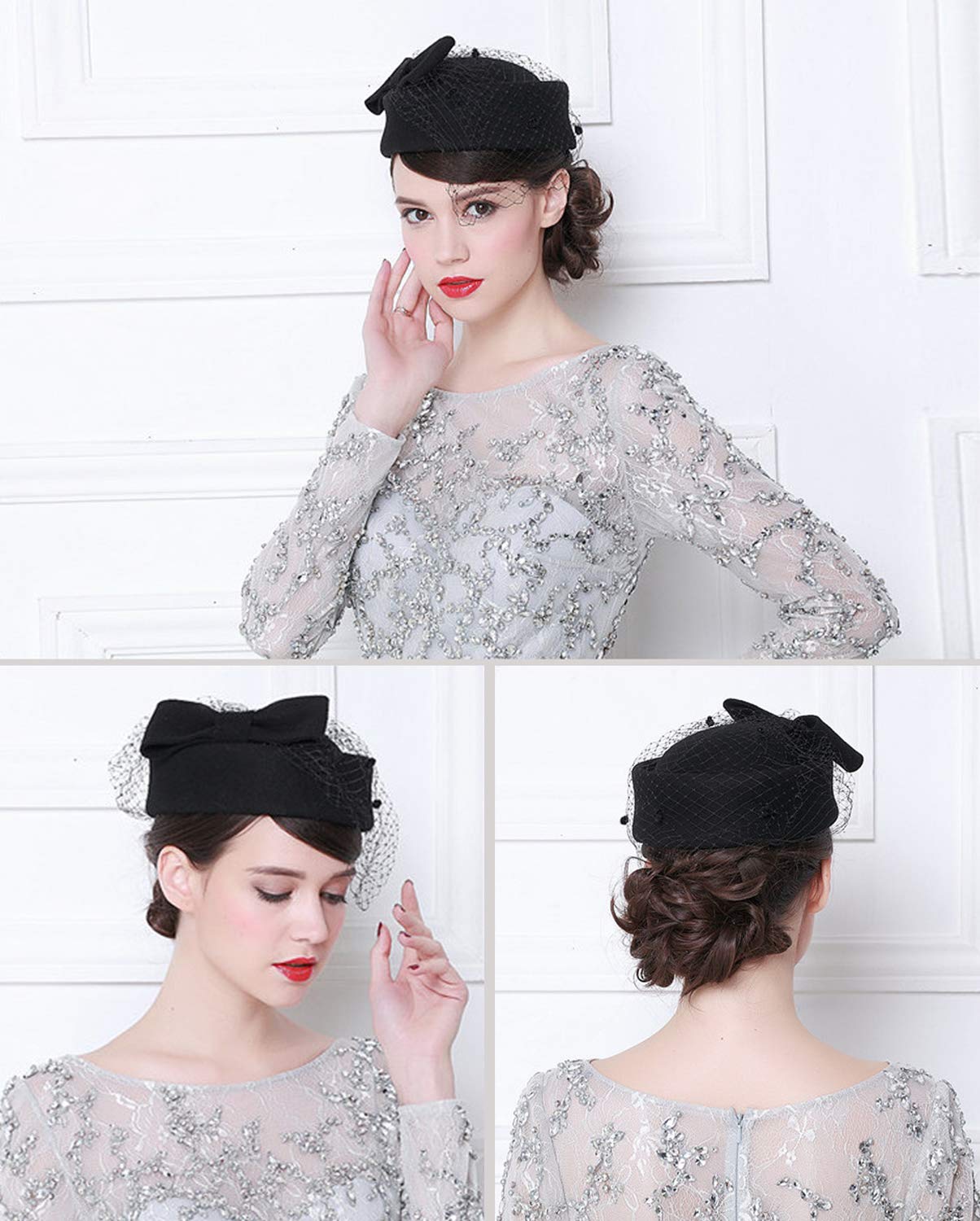 Z&X Winter Wool Fascinator British Pillbox Hat Women Wedding Church Derby Beret Hat Veil Bow Fedoras Black