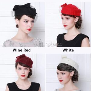 Z&X Winter Wool Fascinator British Pillbox Hat Women Wedding Church Derby Beret Hat Veil Bow Fedoras Black