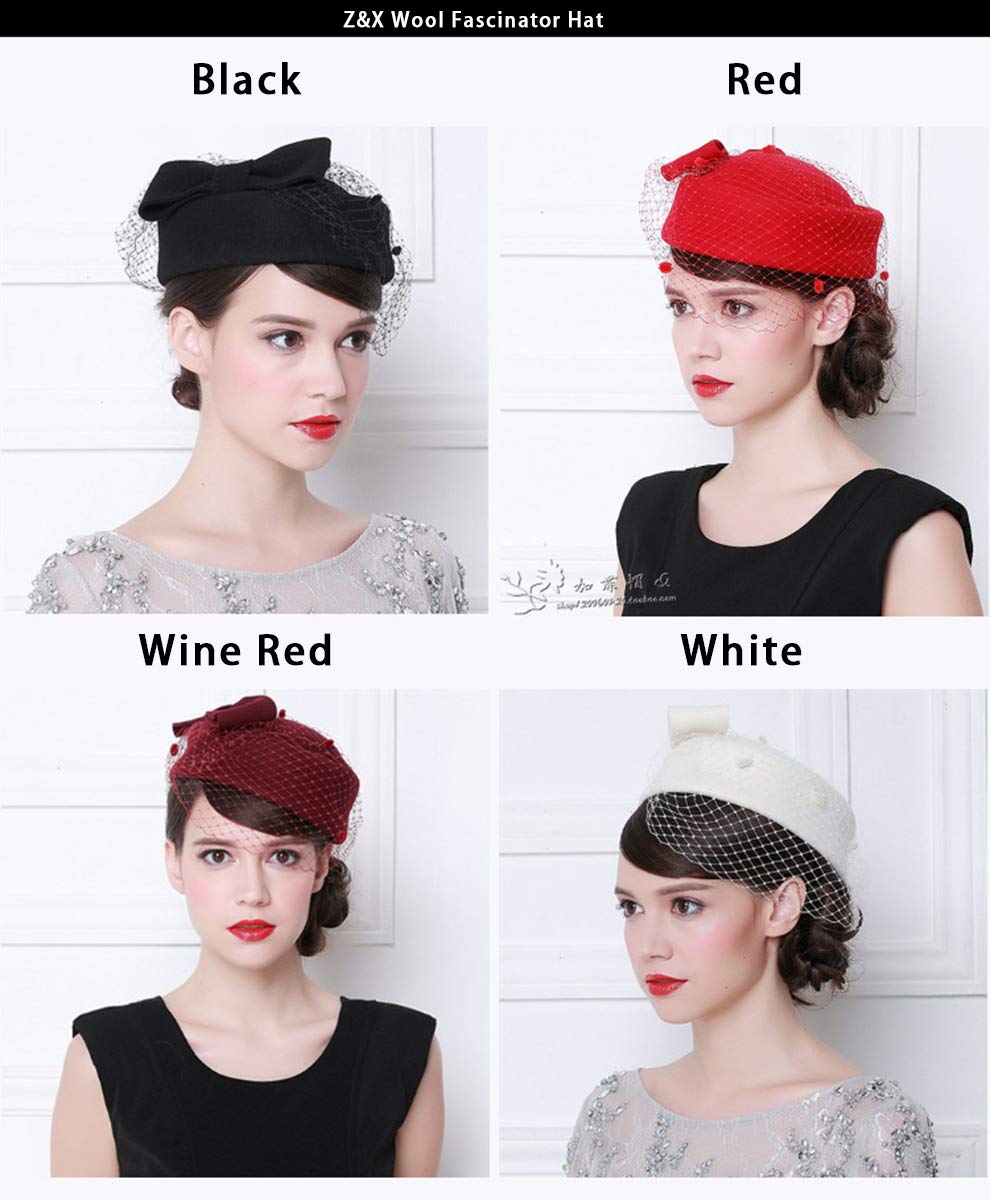 Z&X Winter Wool Fascinator British Pillbox Hat Women Wedding Church Derby Beret Hat Veil Bow Fedoras Black