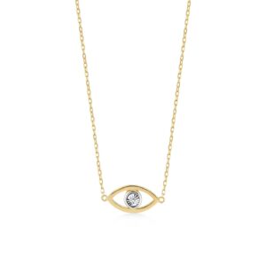 diamond evil eye necklace | 14k yellow gold open evil eye necklaces for women | 14k solid gold solitaire diamond pendant necklace | delicate protection jewelry | gifts for birthday, 18"