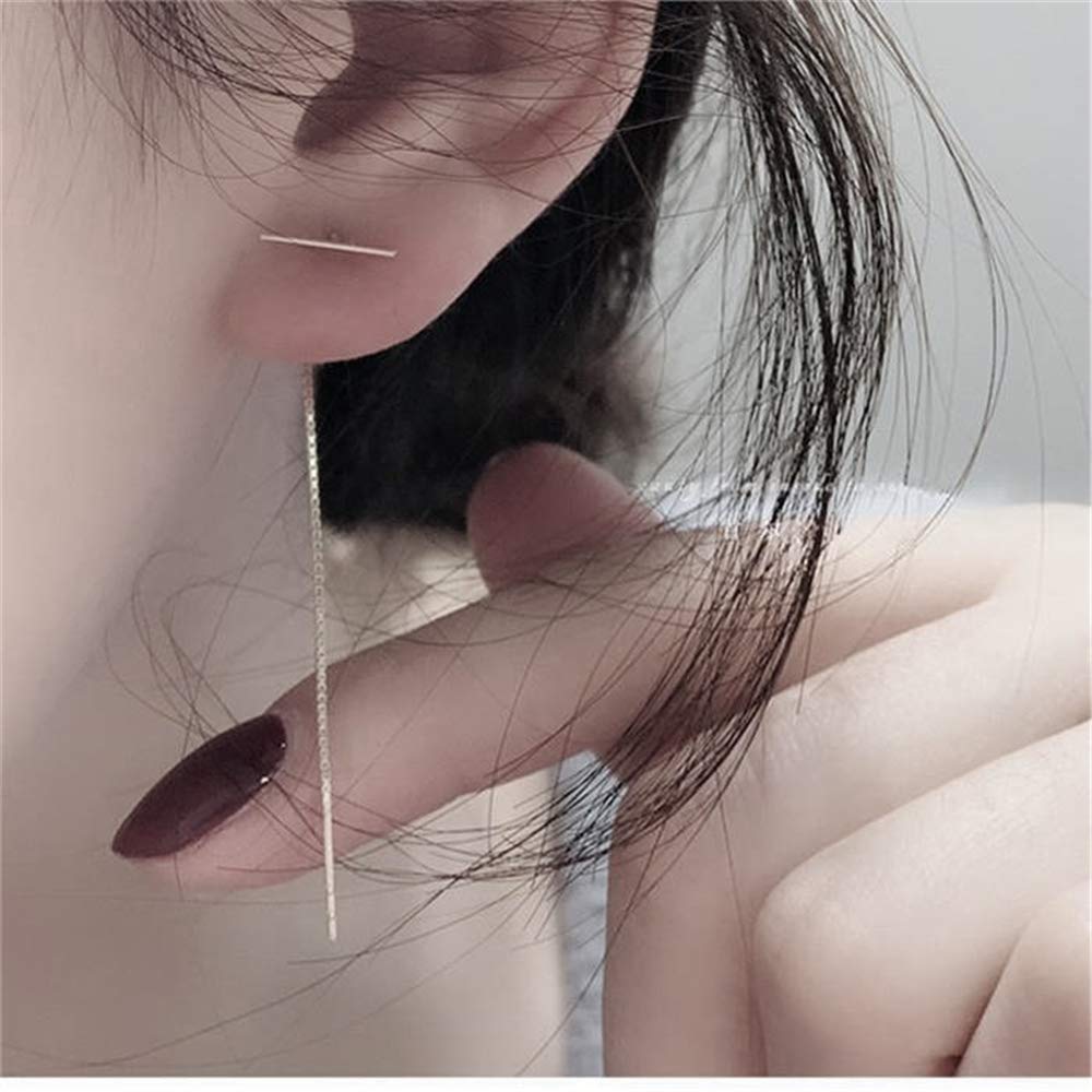 Minimalist Threader Bar Earrings for Women Girls S925 Sterling Silver Charm Long Tassel Chain Drop Dangling Simple Wire Thread Piercing Ear Stud Hypoallergenic Fashion Chic Earring (Silver)