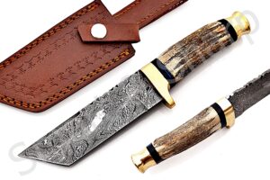 smart & sharp custom handmade damascus steel hunting knife/tanto knife/skinning knife aa-17255, 17256, 17257, 17258 and 17259 (antique stag and blue wood)