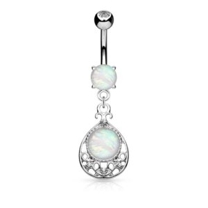 fifth cue 14g opal glitter center vintage filigree dangle surgical steel belly button navel rings (steel)