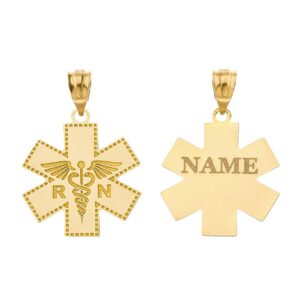 solid 10k yellow gold personalized name caduceus rn charm registered nurse emt cross pendant