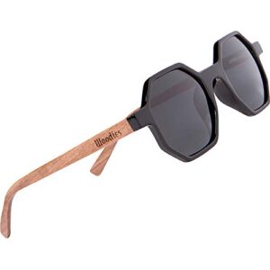 woodies polarized walnut wood black hexagon sunglasses for men and women | real wooden frame | 100% uva/uvb ray protection