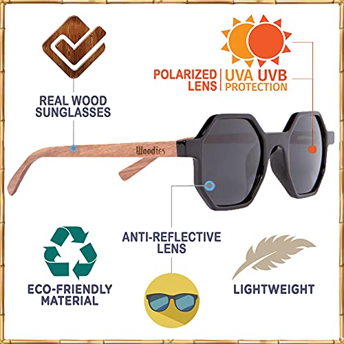 Woodies Polarized Walnut Wood Black Hexagon Sunglasses for Men and Women | Real Wooden Frame | 100% UVA/UVB Ray Protection