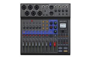 zoom livetrak l-8 podcast recorder, battery powered, digital mixer and recorder, music mixer, phone input, sound pads, 4 headphone outputs, 12-in/4-out audio interface, built in eq and effects