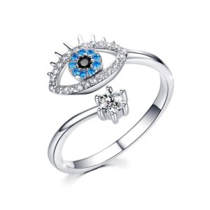 justkidstoy sterling silver evil eye ring open rings adjustable openable for women (silver)