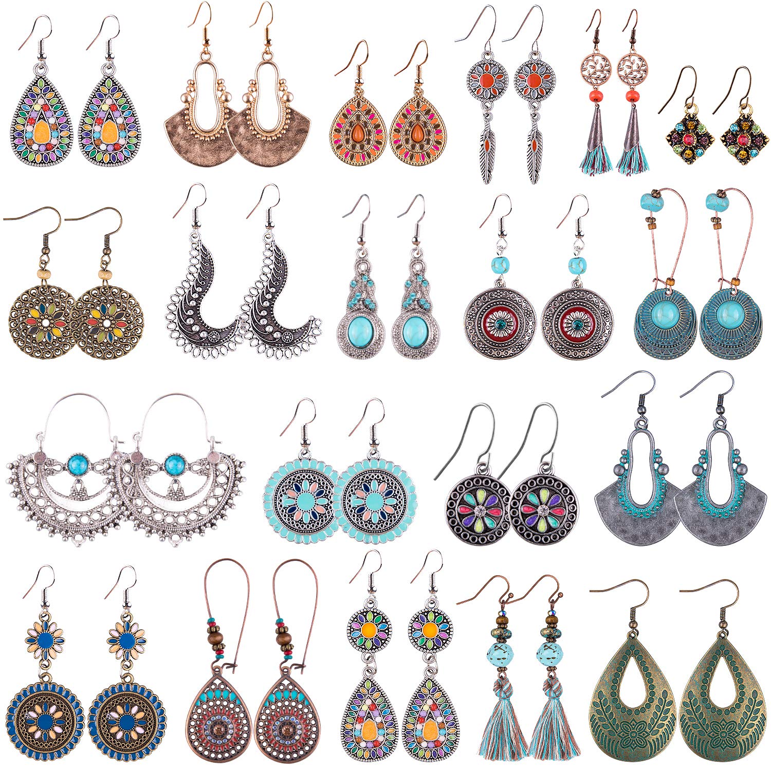 Duufin 20 Pairs Bohemian Vintage Drop Dangle Earrings Boho Earrings Set Statement Earrings National Style Alloy Long Boho Dangle Earrings for Women