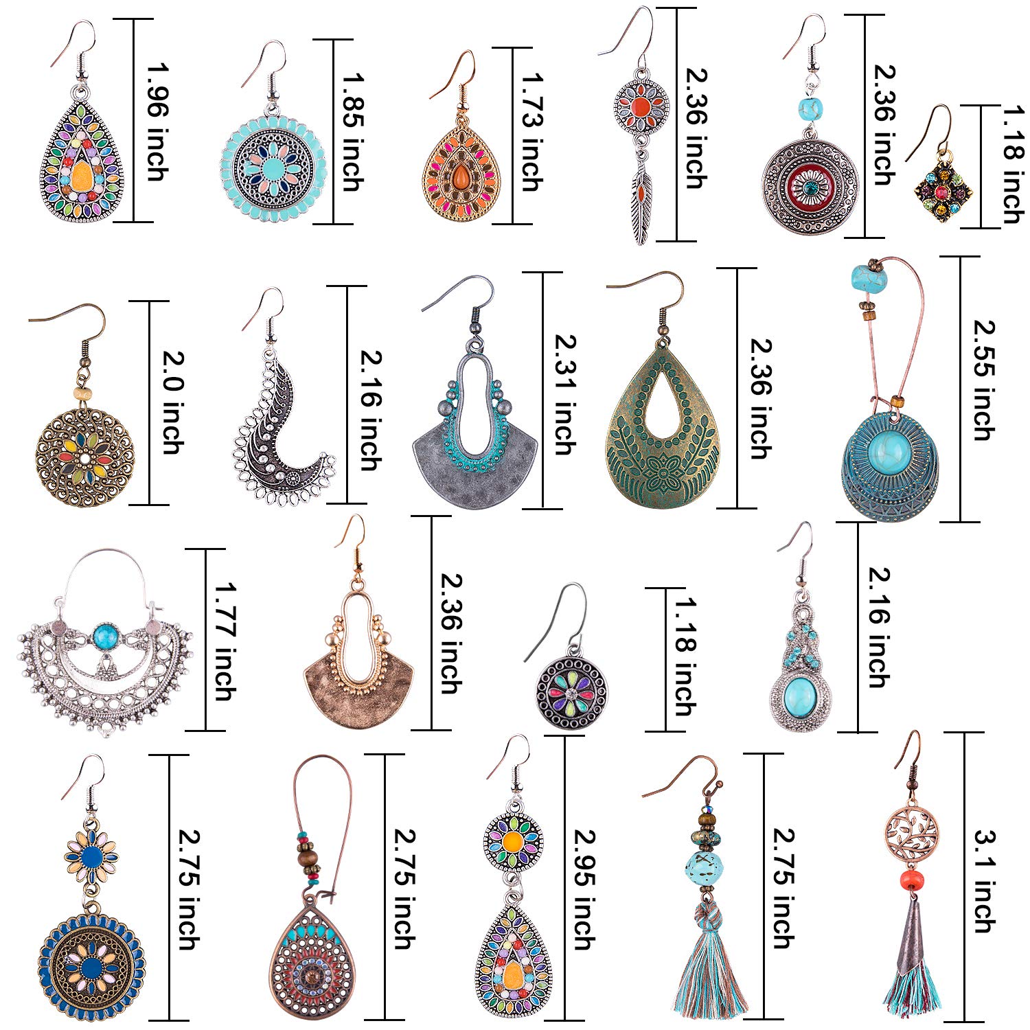 Duufin 20 Pairs Bohemian Vintage Drop Dangle Earrings Boho Earrings Set Statement Earrings National Style Alloy Long Boho Dangle Earrings for Women