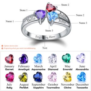 Madeone 925 Sterling Silver 14K Gold Plated Personalized Gem Mother Ring Customized with 3 Heart Birthstone 3 Names and 1 Engraving Meaningful Anniversary Rings Christmas Jewelry Gifts for Women