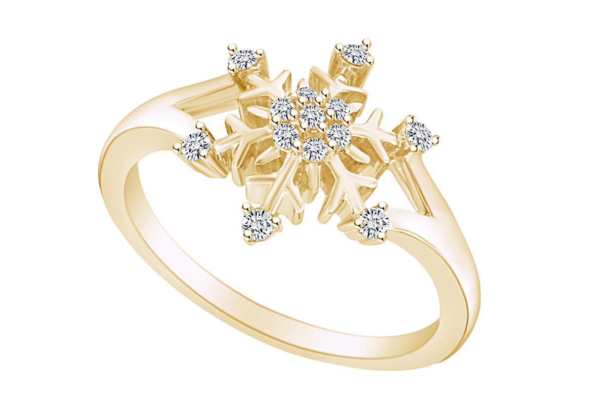 AFFY 1/6 Carat Round White Natural Diamond Snowflake Ring In 14k Yellow Gold Over Sterling Silver (I-J Color, I2-I3 Clarity, 0.16 Cttw) Ring Size-7.5