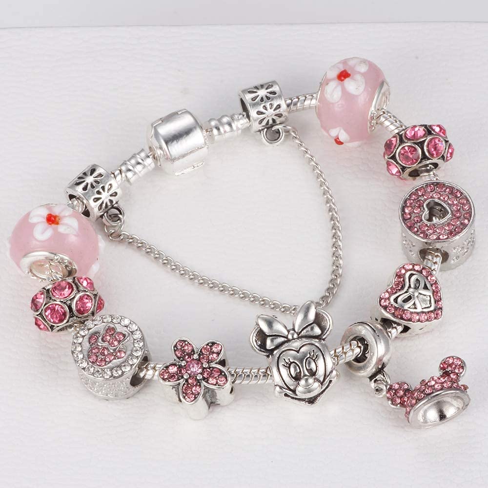 MIADEAL Cartoon Mouse Theme Pink Charms Bracelet, Fits Pandora, Womens DIY Costume Jewelry