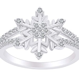 AFFY 1/4 Carat Round White Natural Diamond Snowflake Ring In 14k White Gold Over Sterling Silver (I-J Color, I2-I3 Clarity, 0.25 Cttw) Ring Size-7.5