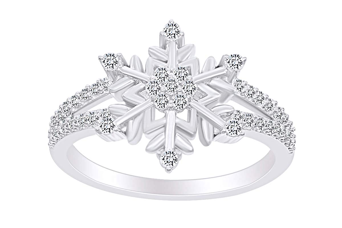 AFFY 1/4 Carat Round White Natural Diamond Snowflake Ring In 14k White Gold Over Sterling Silver (I-J Color, I2-I3 Clarity, 0.25 Cttw) Ring Size-7.5