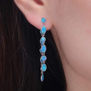 CiNily Ladies Opal Drop Earring 18K White Gold Plated Tiny Round Oval Blue Opal Ear Stud Dangle Earrings Gemstone Earrings