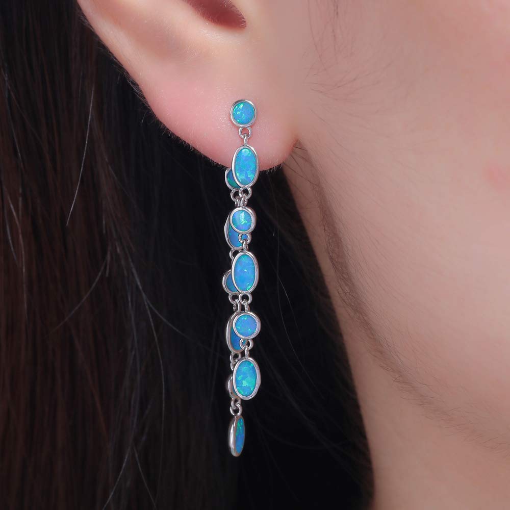 CiNily Ladies Opal Drop Earring 18K White Gold Plated Tiny Round Oval Blue Opal Ear Stud Dangle Earrings Gemstone Earrings