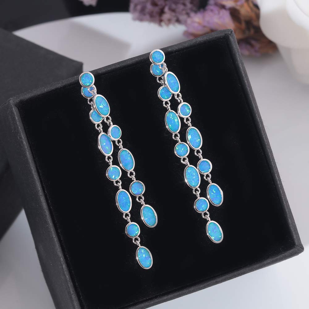 CiNily Ladies Opal Drop Earring 18K White Gold Plated Tiny Round Oval Blue Opal Ear Stud Dangle Earrings Gemstone Earrings