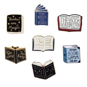 foviupet 7pcs cartoon books enamel pins with beige velvet bag, magic book badges cute collar brooch decorative lapel pins for backpack clothing learning gifts for teacher student readers book lovers (set a)